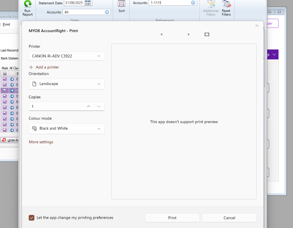 This app doesn't support print preview error printing MYOB AccountRight