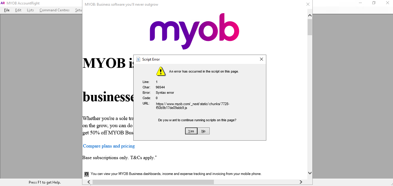 Encountering a script error during login. | MYOB Community