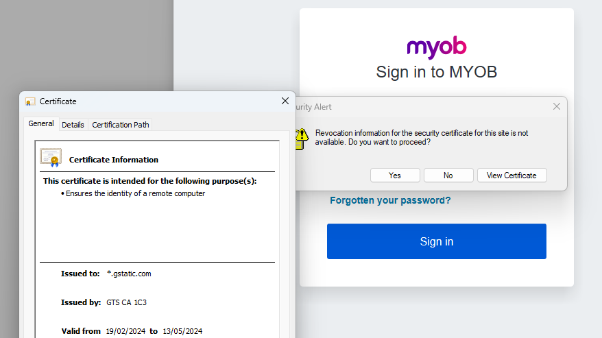 Revocation information for security certificate | MYOB Community