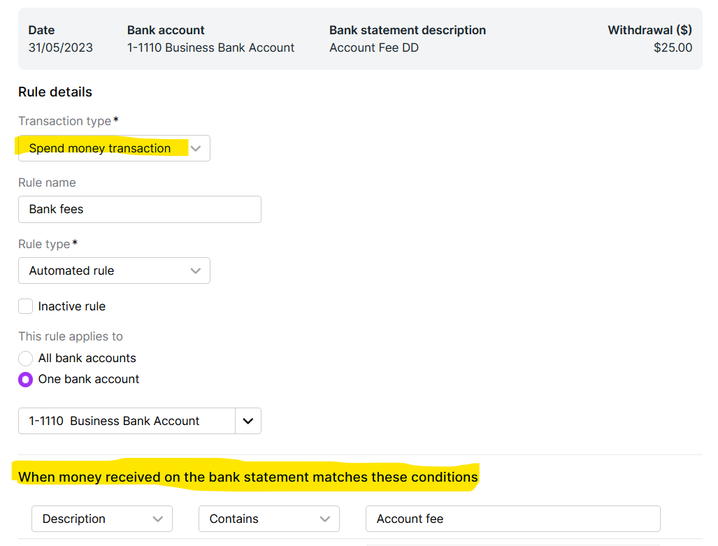 Creating a bank rule during reconciliation. | MYOB Community