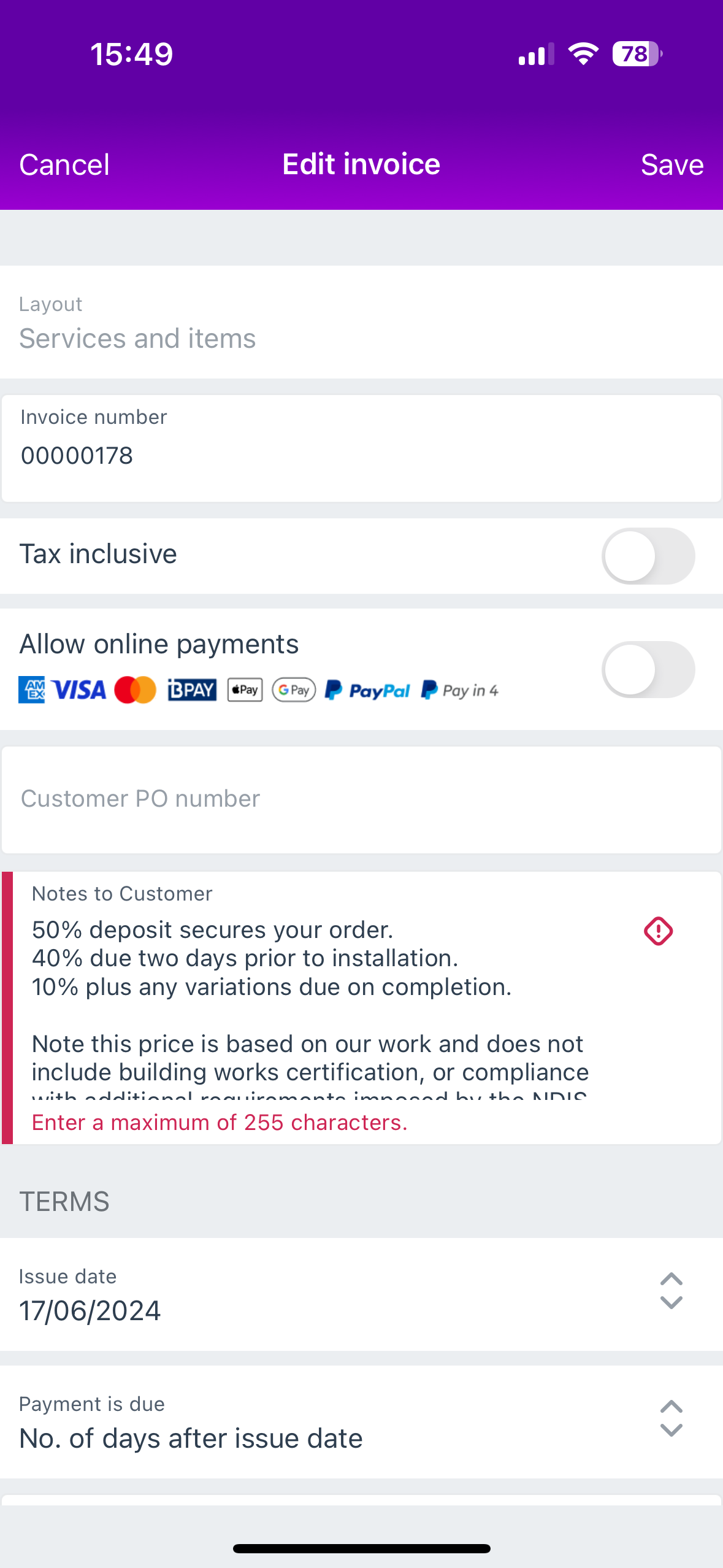 MYOB Invoice mobile app applies different field length rules and ...