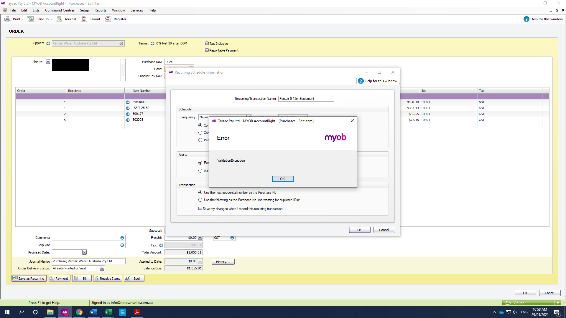 Validationexception Error On Recurring Purchase Order Myob Community