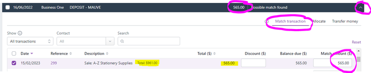 Allocating multiple items on a bank feed to one invoice | MYOB Community