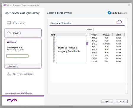 How to remove company from Company Files Online window | MYOB Community