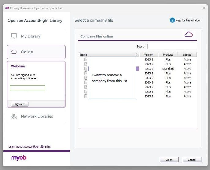 How to remove company from Company Files Online window | MYOB Community