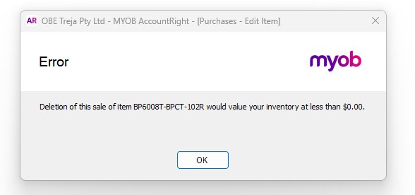 Error: deletion of this sale item would value your inventory at less ...