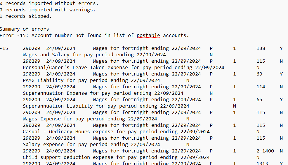 Issue importing Data from Employment Hero Payroll in MYOB - unsure how to fix the Error -15's ...