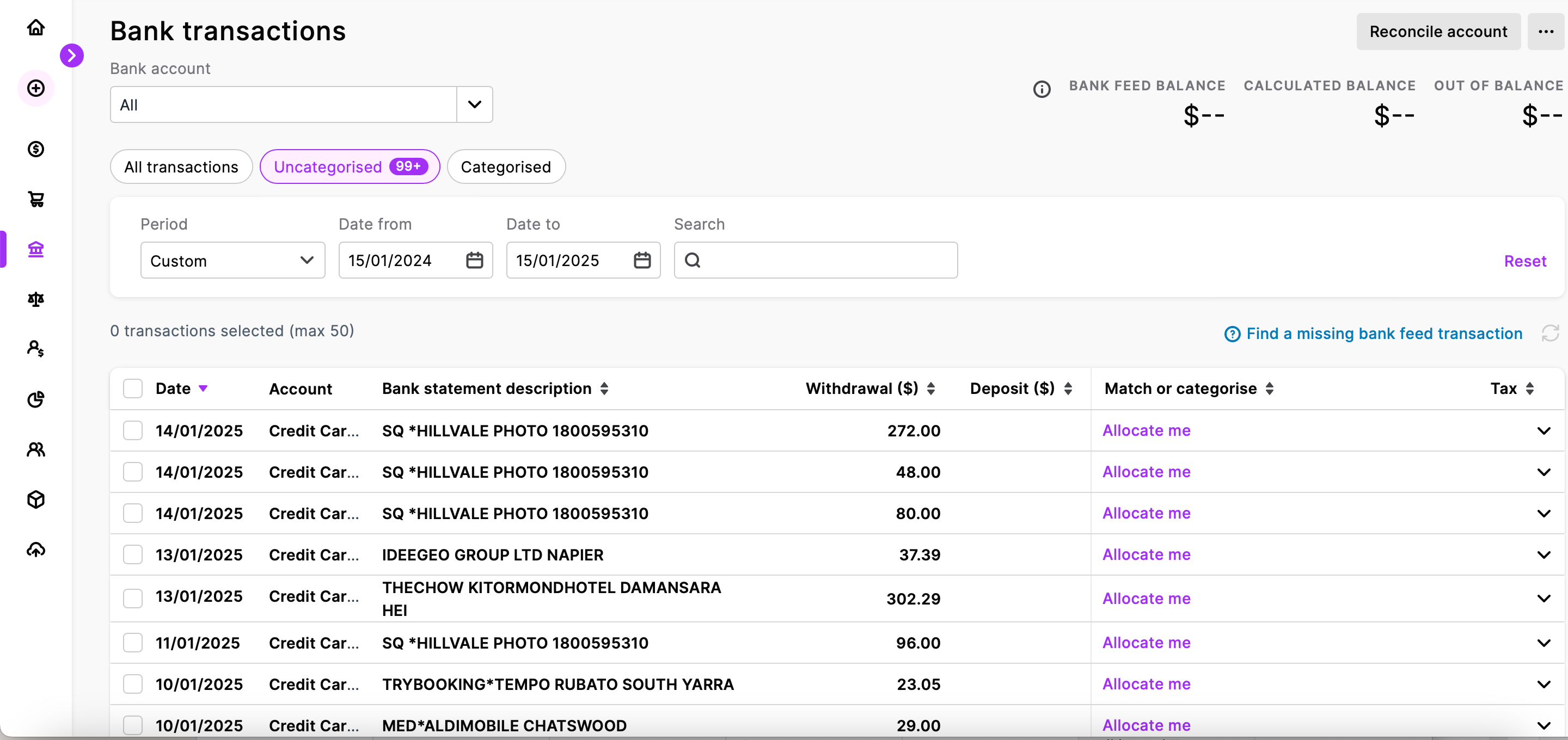 How do I allocate transactions to a credit card bank feed in MYOB Business?