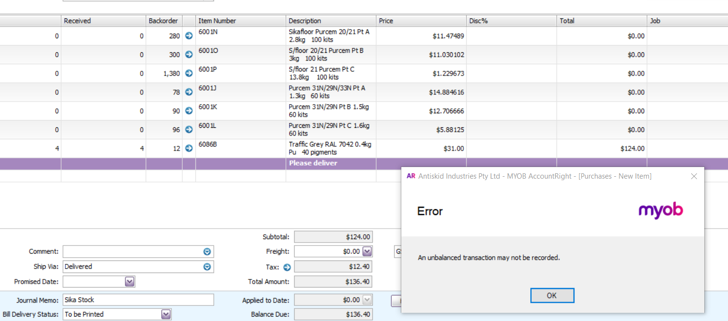 An unbalanced transaction may not be recorded | MYOB Community